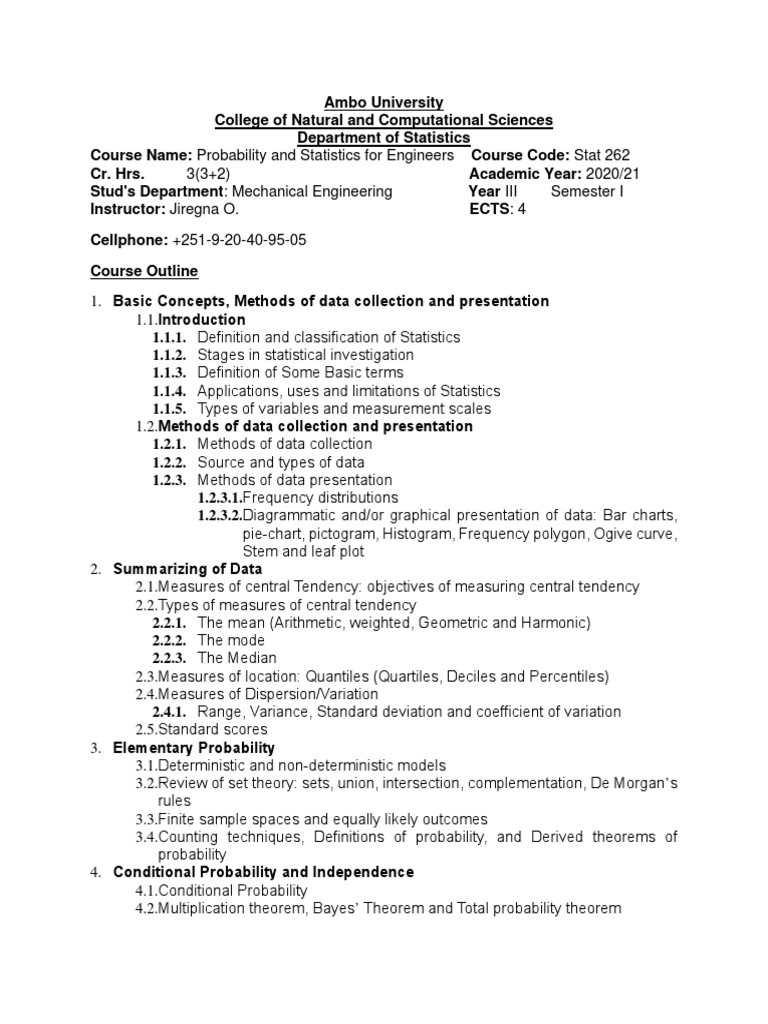Course Outline For Probability and Statistics | PDF | Probability ...