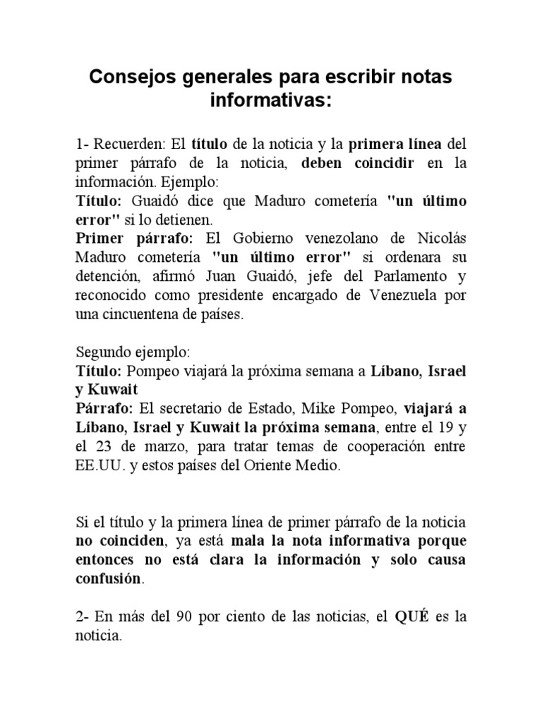 Consejos Generales para Escribir Notas Informativas | PDF