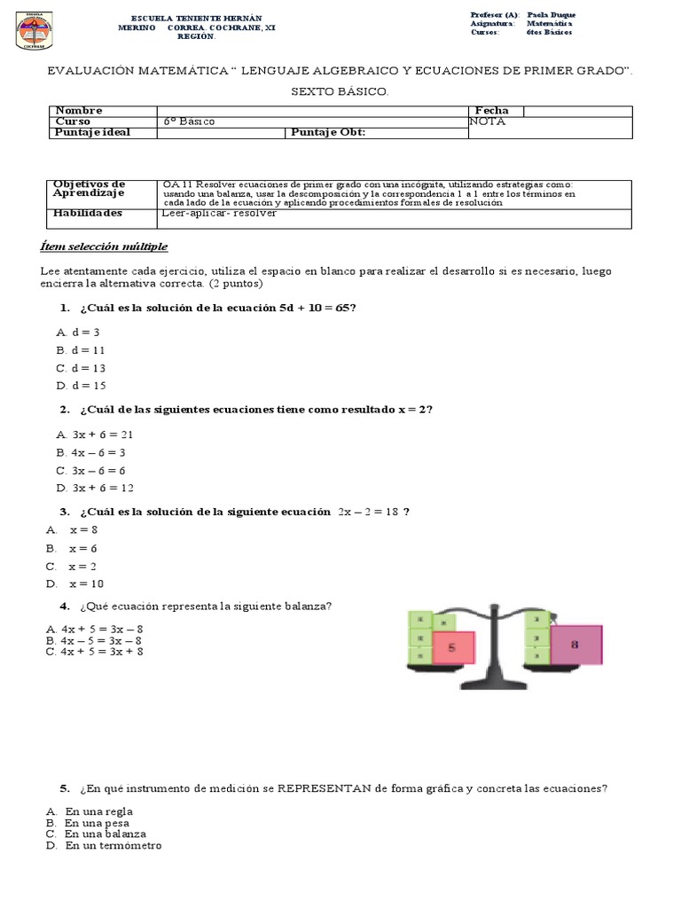 Evaluación Matemática | PDF | Ecuaciones | Matemática Elemental