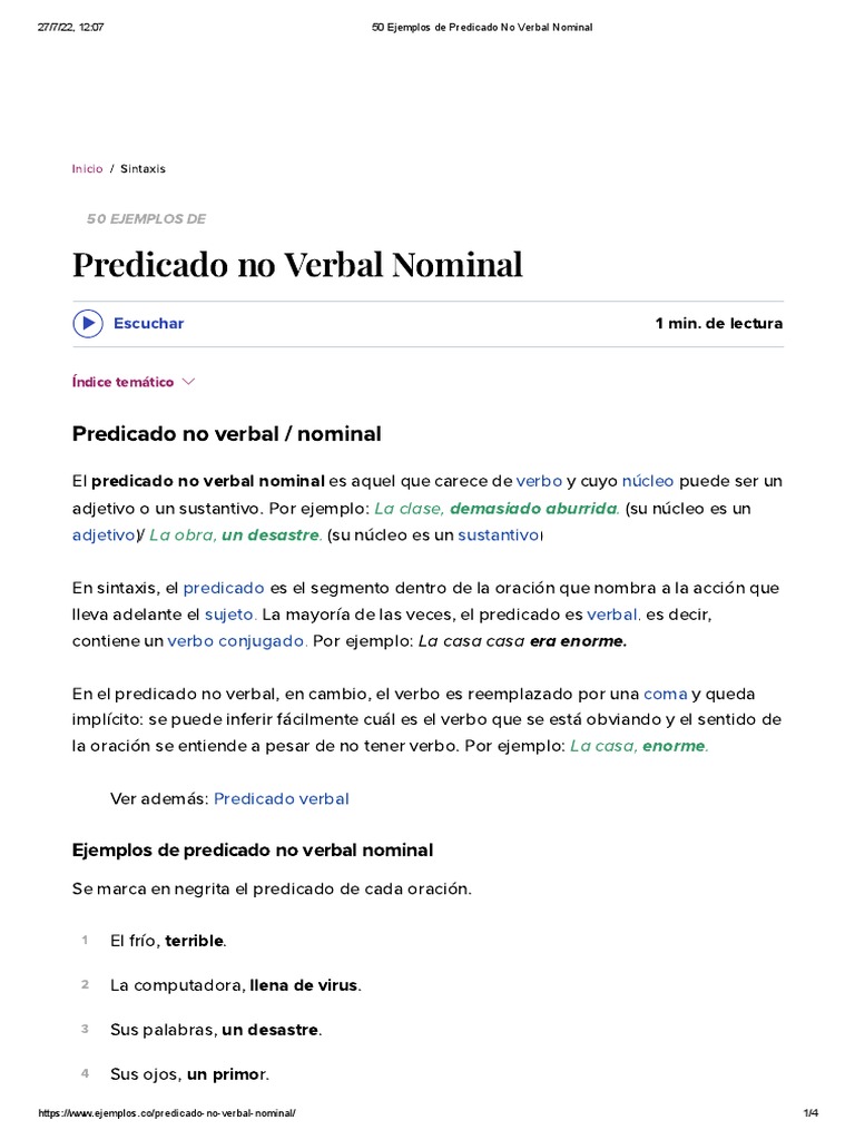 50 Ejemplos de Predicado No Verbal Nominal | PDF | Predicado (Gramática) | Verbo