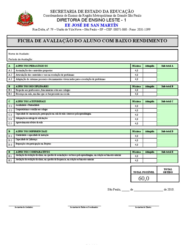 FICHA DE AVALIAÇÃO DO DESEMPENHO DO ALUNO