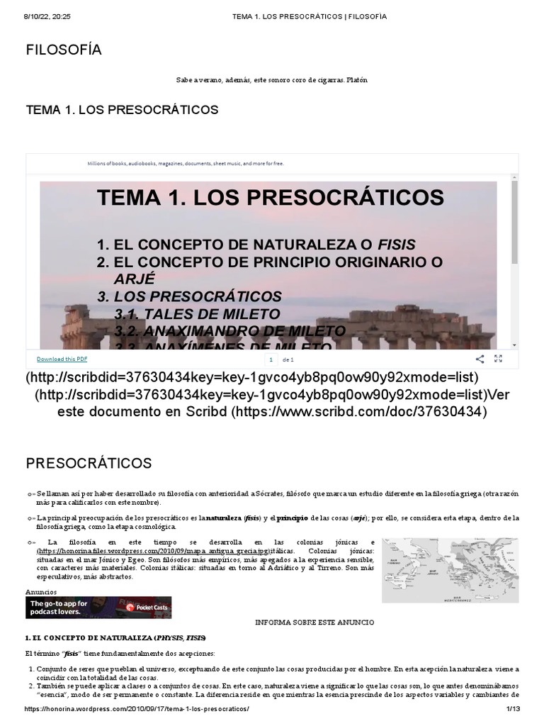 Tema 1. Los Presocráticos - Filosofía | PDF | Pitágoras | Filosofía griega antigua