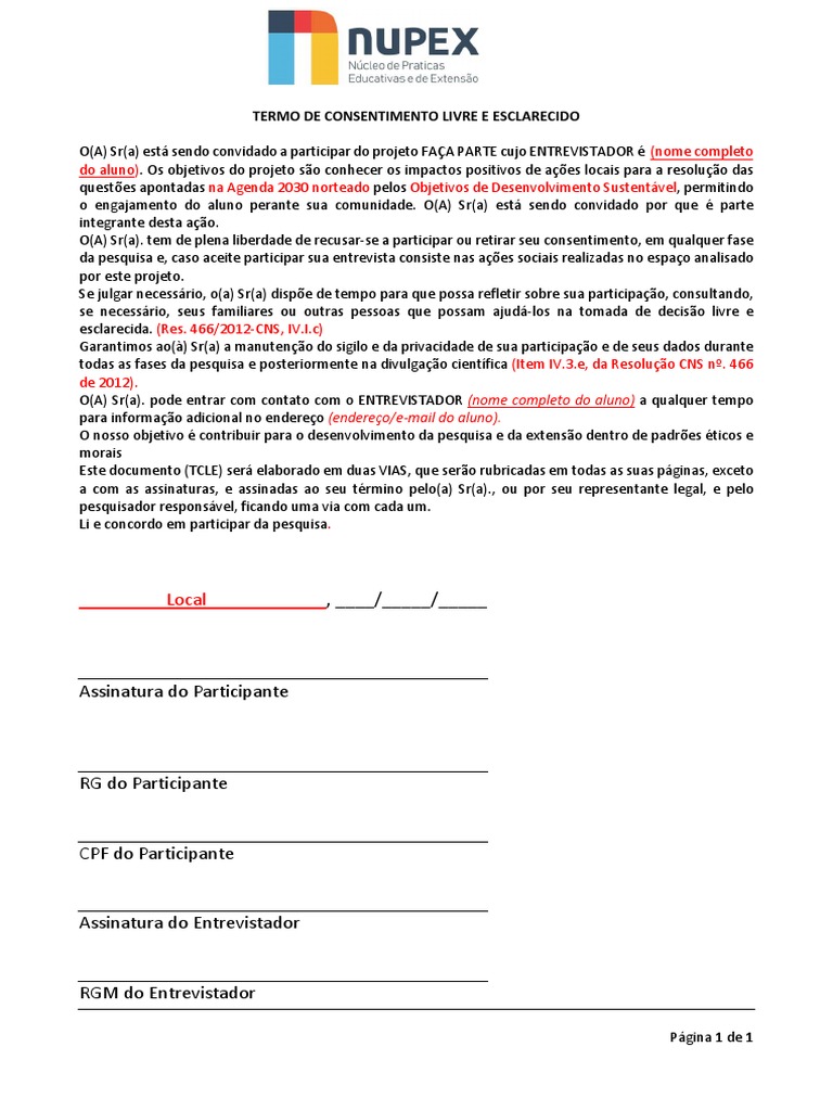 (Modelo de Preenchimento) TERMO DE CONSENTIMENTO LIVRE E ESCLARECIDO | PDF