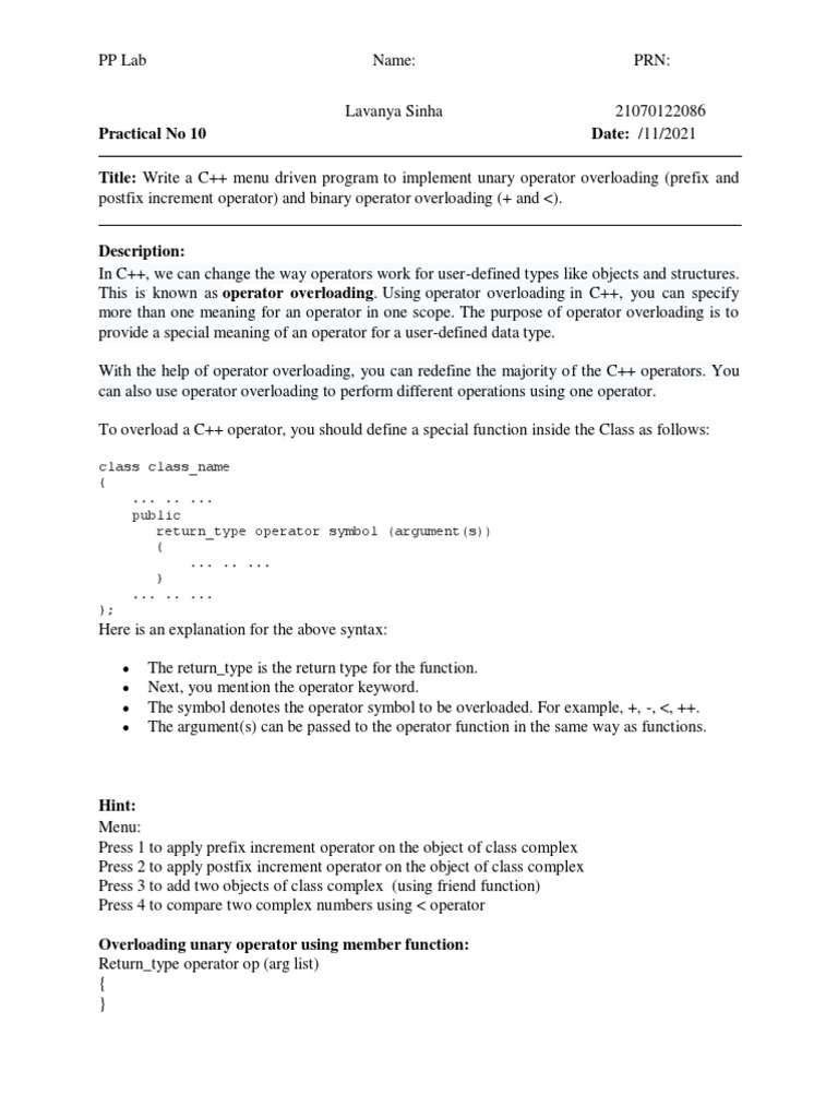 Unary Operator and Binary Operator Overloading | PDF | C++ | Method (Computer Programming)