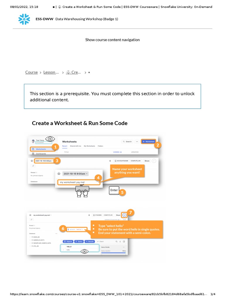 ? Create A Worksheet & Run Some Code - ESS-DWW Courseware - Snowflake University - On-Demand | PDF