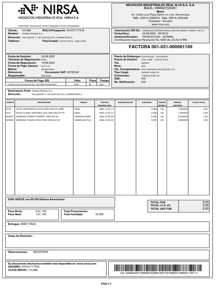 FACTURA 001-031-000001149: Otros Con Utilización Del Sistema Financiero ...