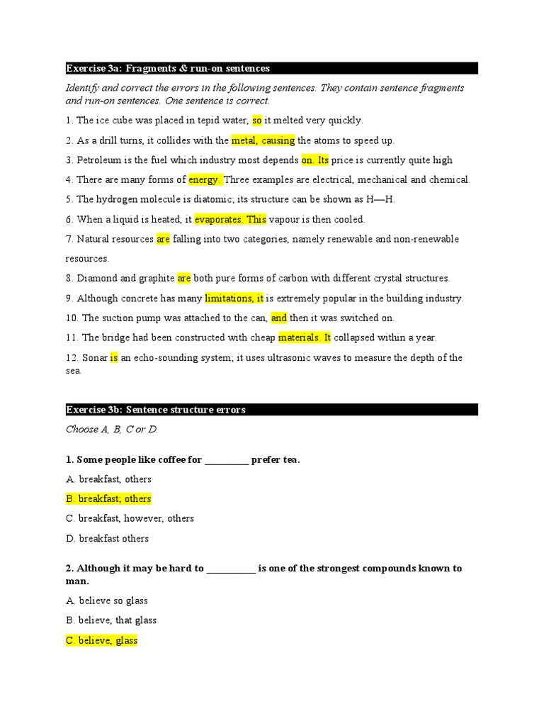 ENGL 101 Grammar Exercise 3 (SOLVED) - Fragments - Run-On Sentences ...
