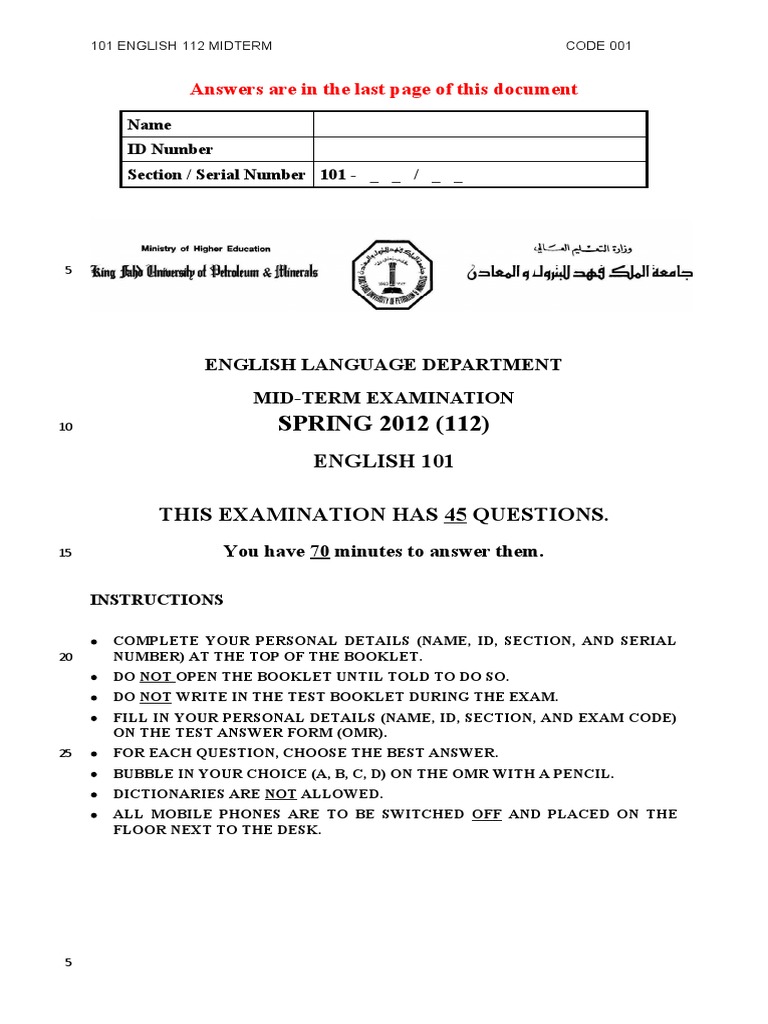 ENGL101 112 Old-Exam Midterm Solved | PDF | Osteoporosis | Malaria
