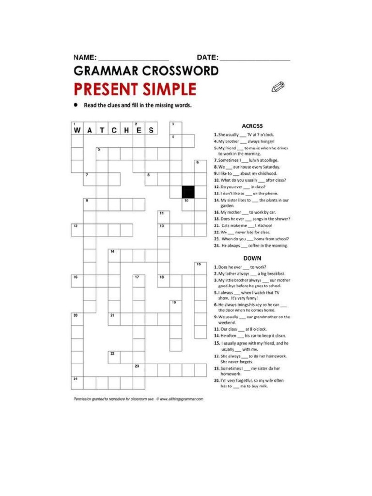 Crucigrama Verbos Presente Simple | PDF