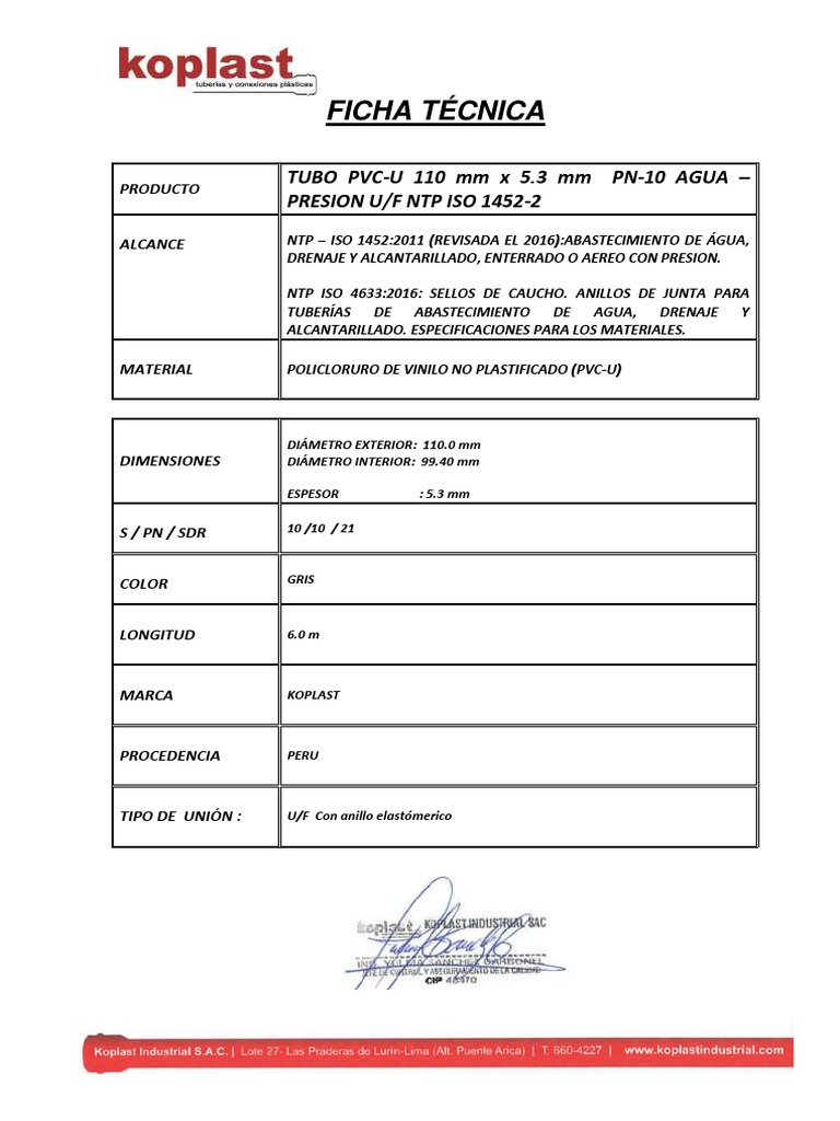 Ficha Técnica Tubo PVC-U 110 mm PN-10 | PDF