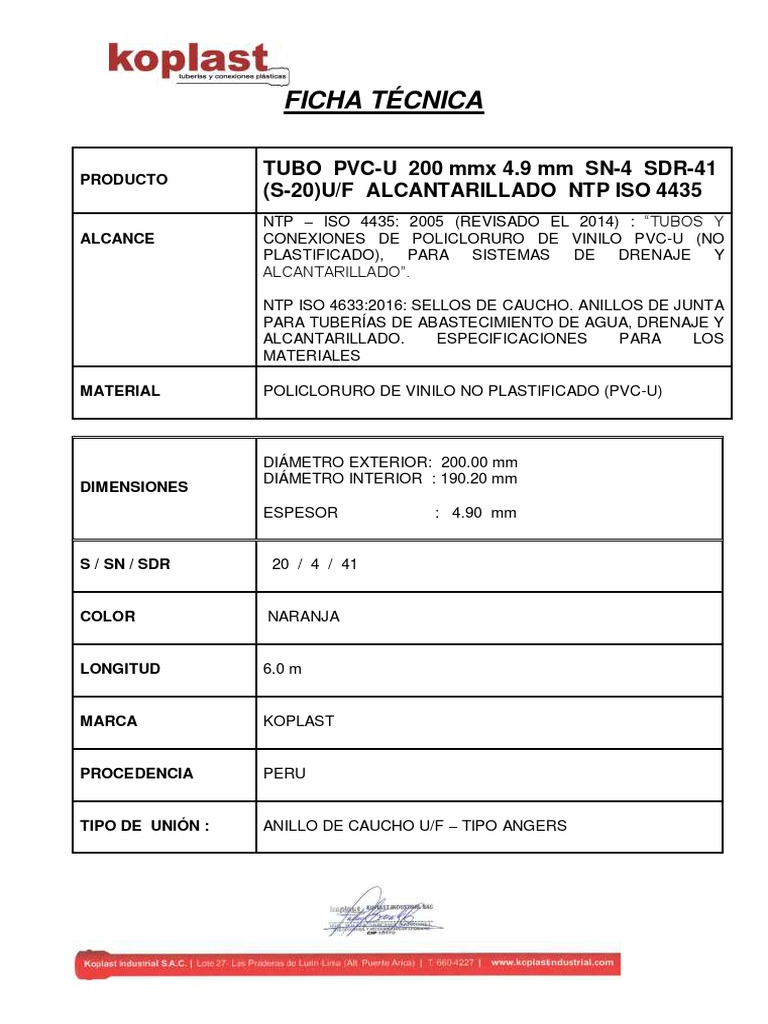 TUBO PVC-U 200 MM S-20 SDR-41 ALCANT. NTP ISO 4435 (M) | PDF