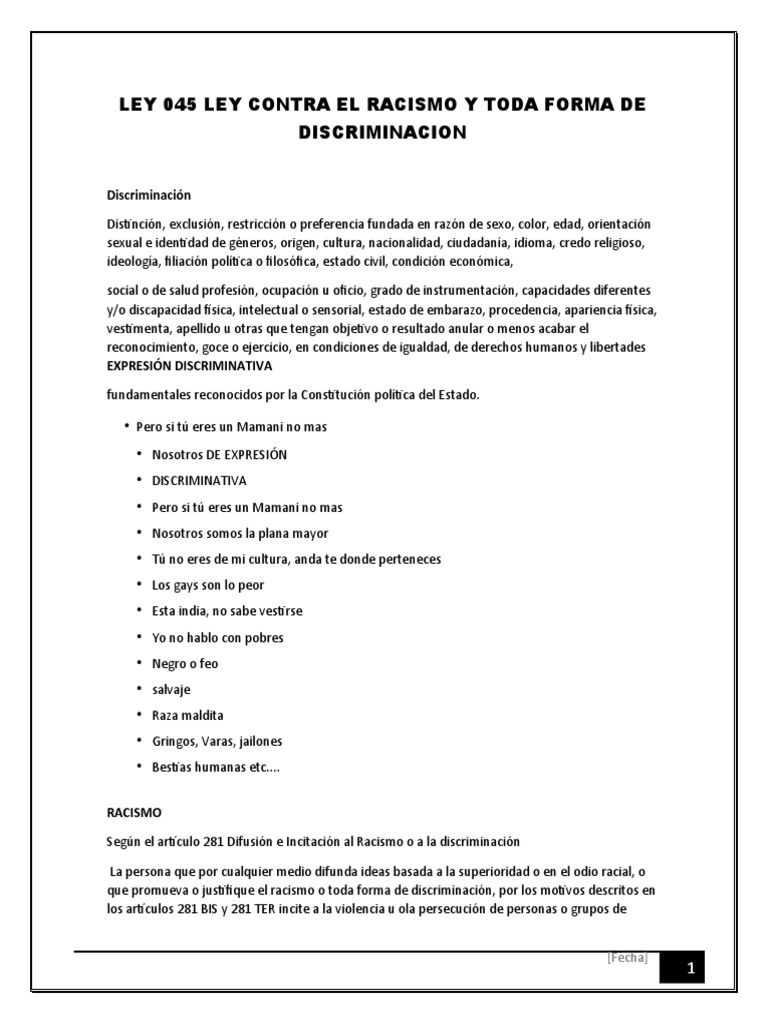 LEY 045 LEY CONTRA EL RACISMO Y TODA FORMA DE DISCRIMINACION | PDF | Discriminación | Racismo