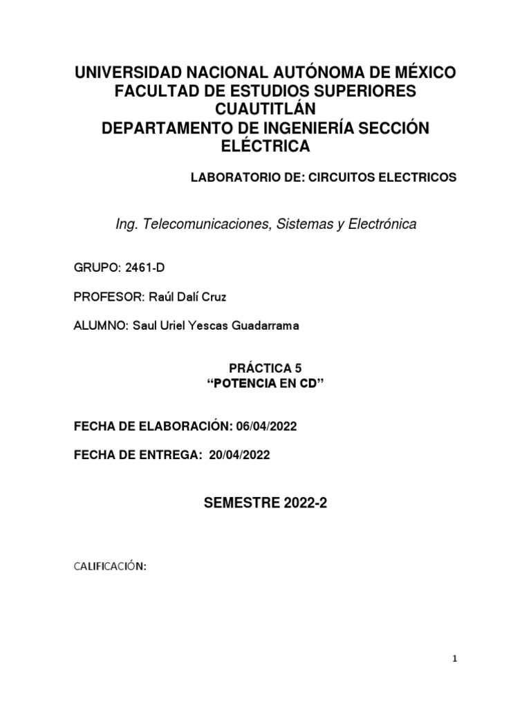 Practica 5 Potencia en CD | PDF | Resistencia Eléctrica y Conductancia | Energia electrica