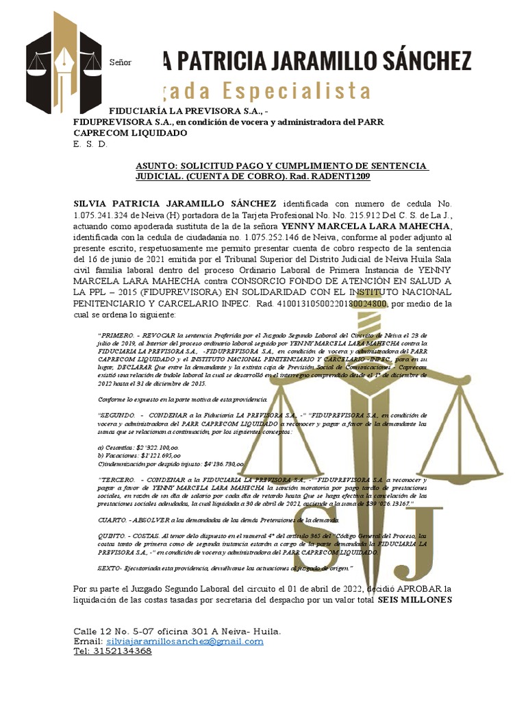 Solicitud Pago y Cumplimiento de Sentencia Judicial. (Cuenta de Cobro) | PDF
