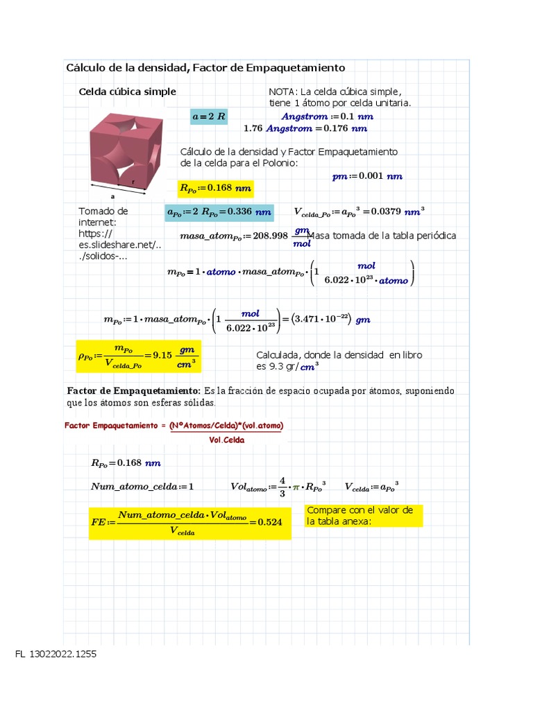 Celdas Cubicas Cálculo de La Densidad, Factor de Empaquetamiento | PDF | Cantidades fisicas ...