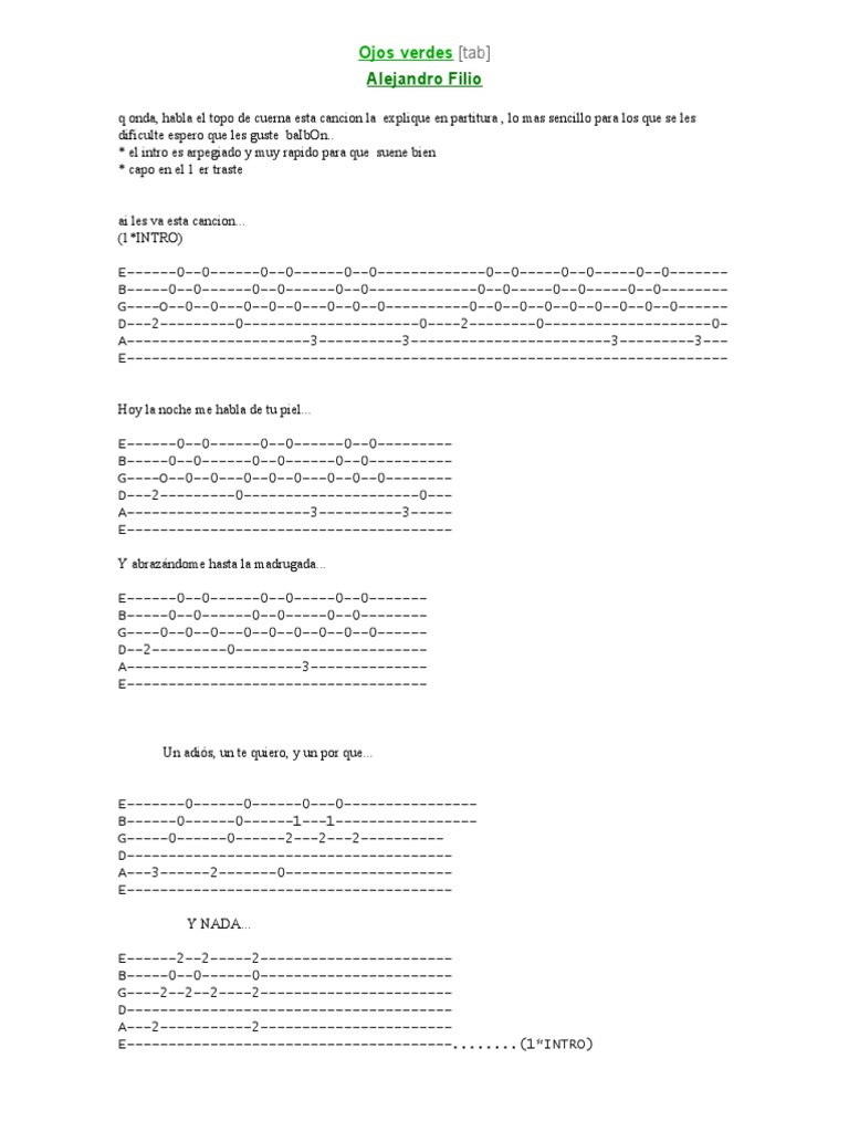 Ojos Verdes (Tab) - Alejandro Filio | PDF | Canciones | Música grabada