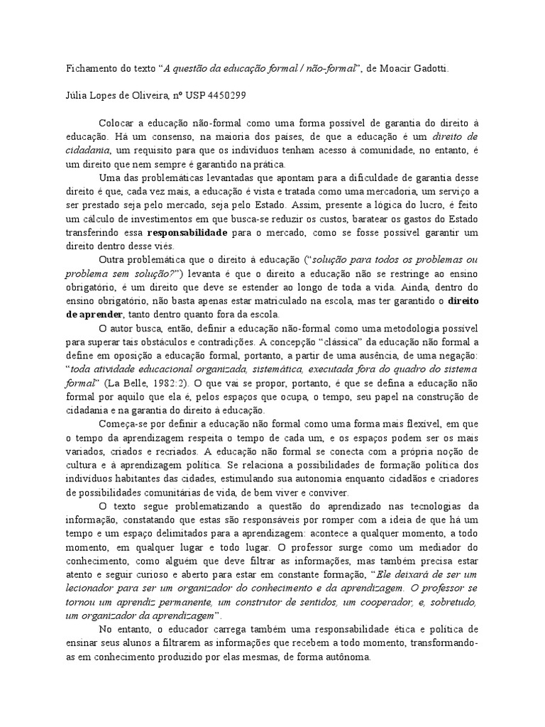 FICHAMENTO - A Questão Da Educação Formal - Não-Formal | PDF ... FICHAMENTO - A Questão Da Educação Formal - Não-Formal | PDF ...
