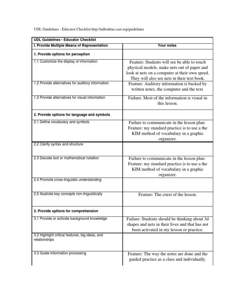 UDL Guidelines - Educator Checklist I. Provide Multiple Means of ...