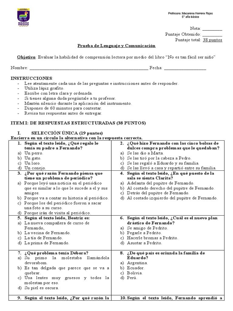 Prueba No Es Tan Facil Ser Niño | PDF