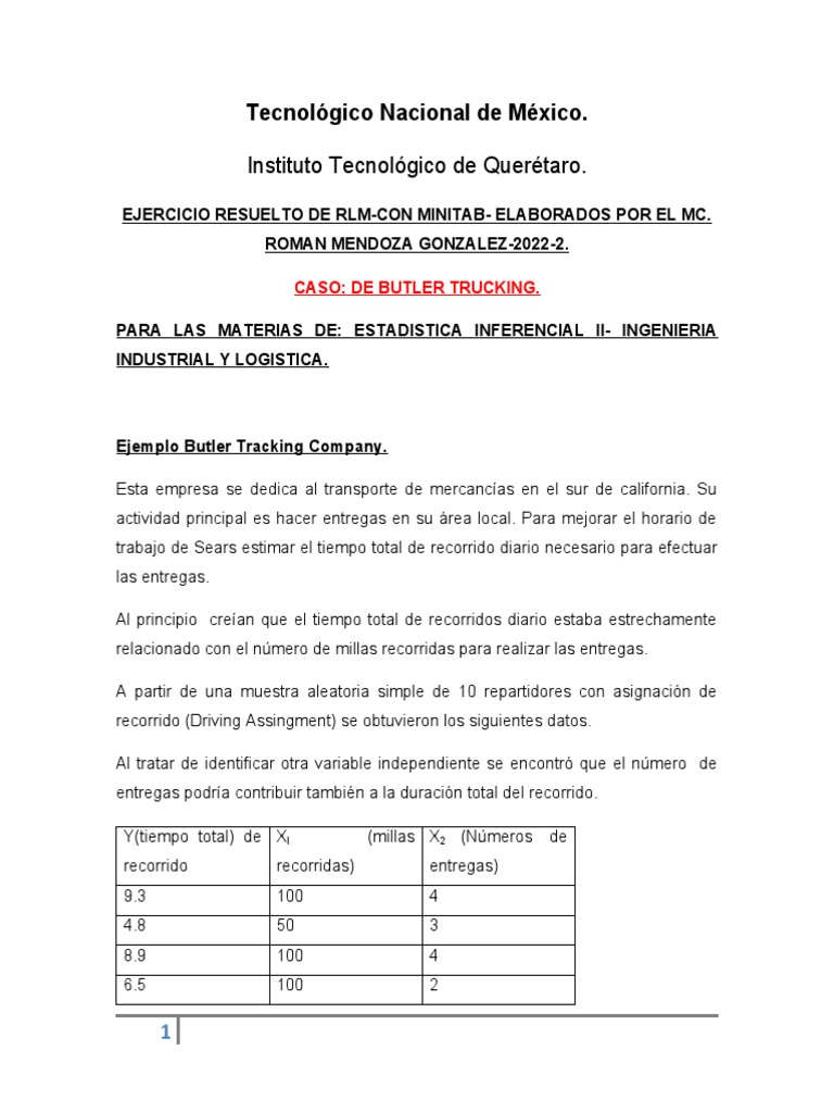 Ejer de RLM (Con Minitab) Caso Butler Trucking Log e Ige | PDF ...