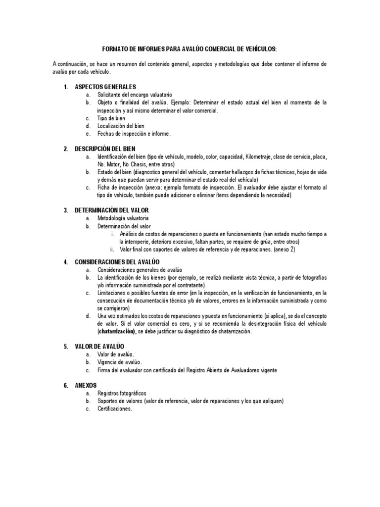 Formato de Informes para Avaluo Comercial de Vehiculos | PDF