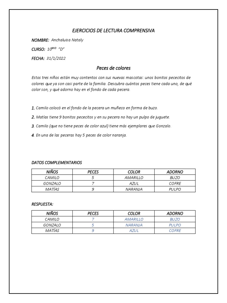 Ejercicios de Lectura Comprensiva | PDF