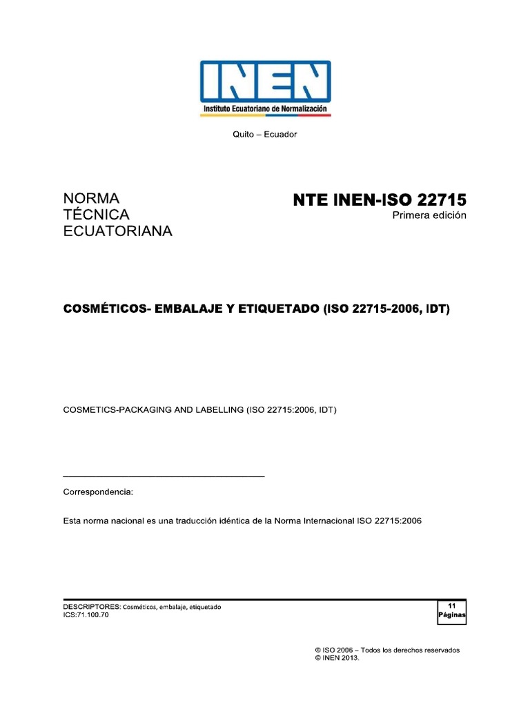 NTE INEN-ISO-22715 Cosméticos Embalaje y Etiquetado | PDF