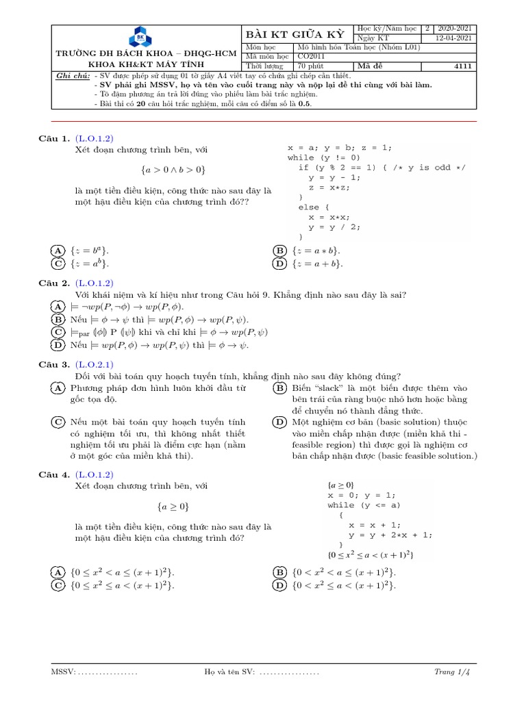 Midterm CO2011 Vi 2021 124x L01 With Keys | PDF