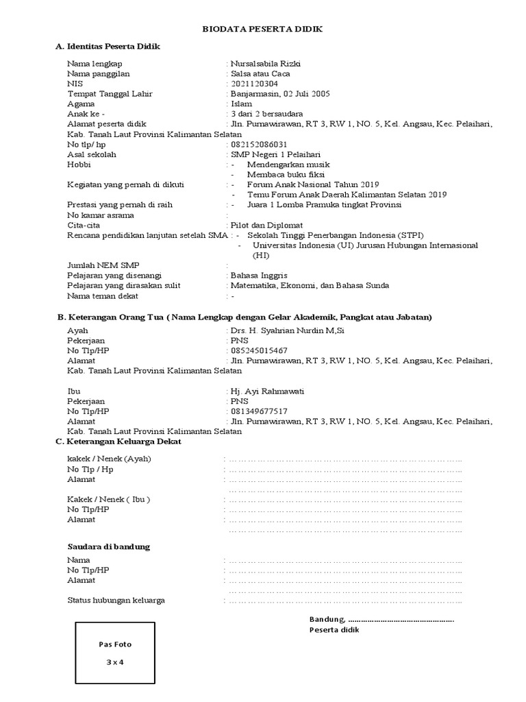 Biodata Nursalsabila Rizki | PDF