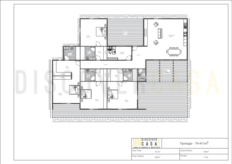 Planta baixa e primeiro piso de uma tipologia T4 de 411m2 com ...
