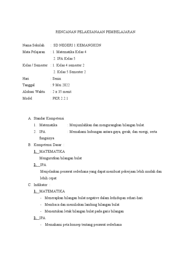 Rencana Pembelajaran Matematika dan IPA SD | PDF | Karier ...