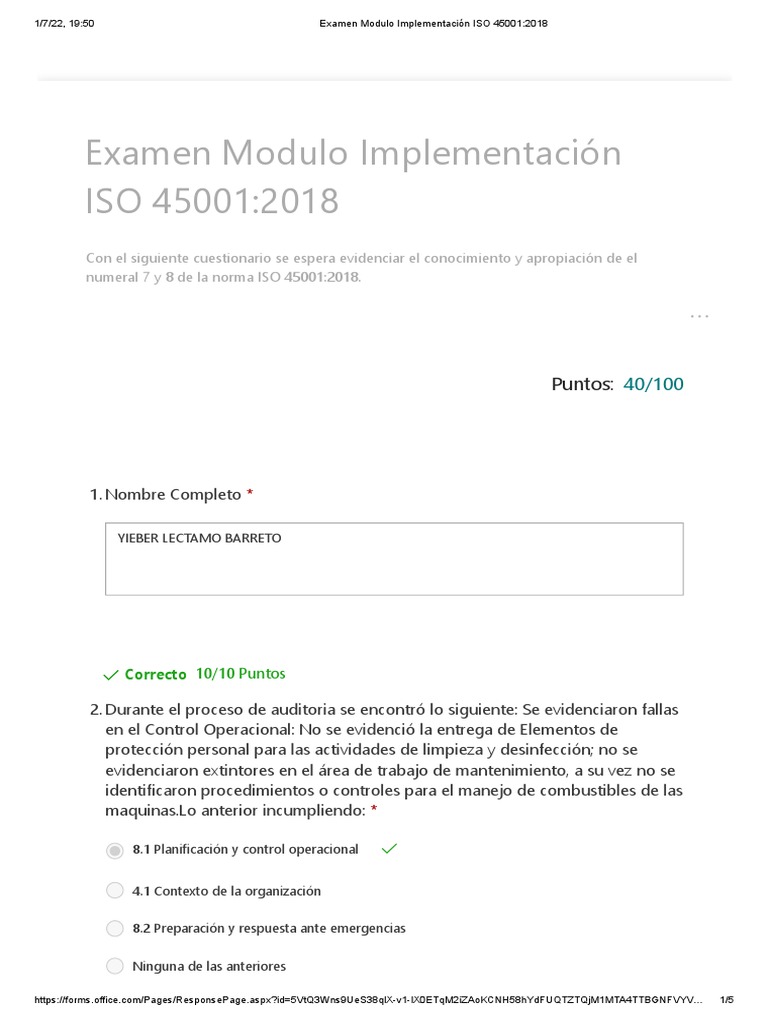 Examen Modulo Implementación ISO 45001 - 2018 Respestas | PDF | Auditoría