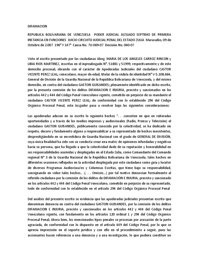 Difamación e Injuria en Venezuela | PDF | Derecho penal | Venezuela