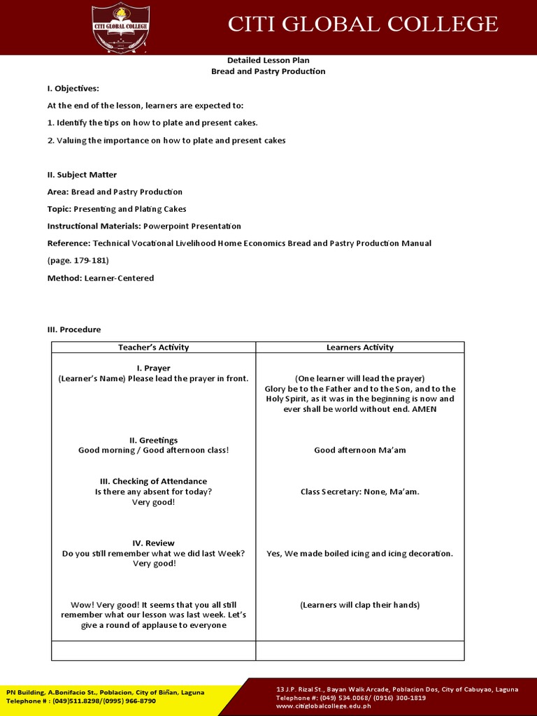 Cake Plating Techniques Lesson Plan | PDF | Cakes | Lesson Plan
