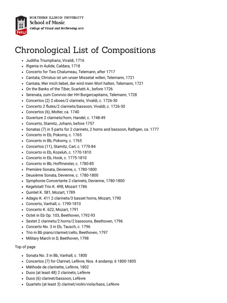 Chronological List of Clarinet Compositions | PDF | Concerto | Cello