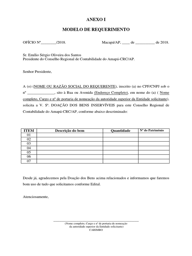 Modelo de Requerimento de Doação de Bens | PDF