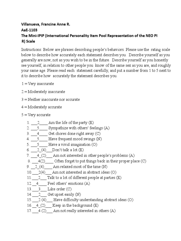 The Mini-IPIP (International Personality Item Pool Representation of The NEO PIR) Scale | PDF ...