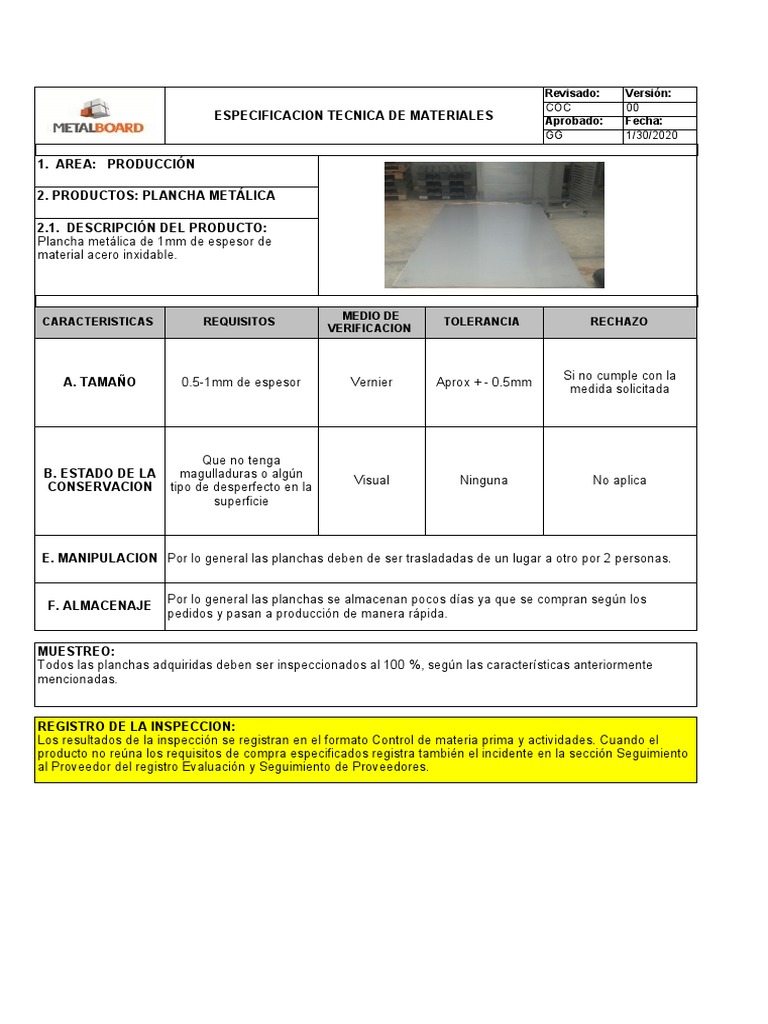 Especificaciones técnicas para materiales de producción en una planta | PDF