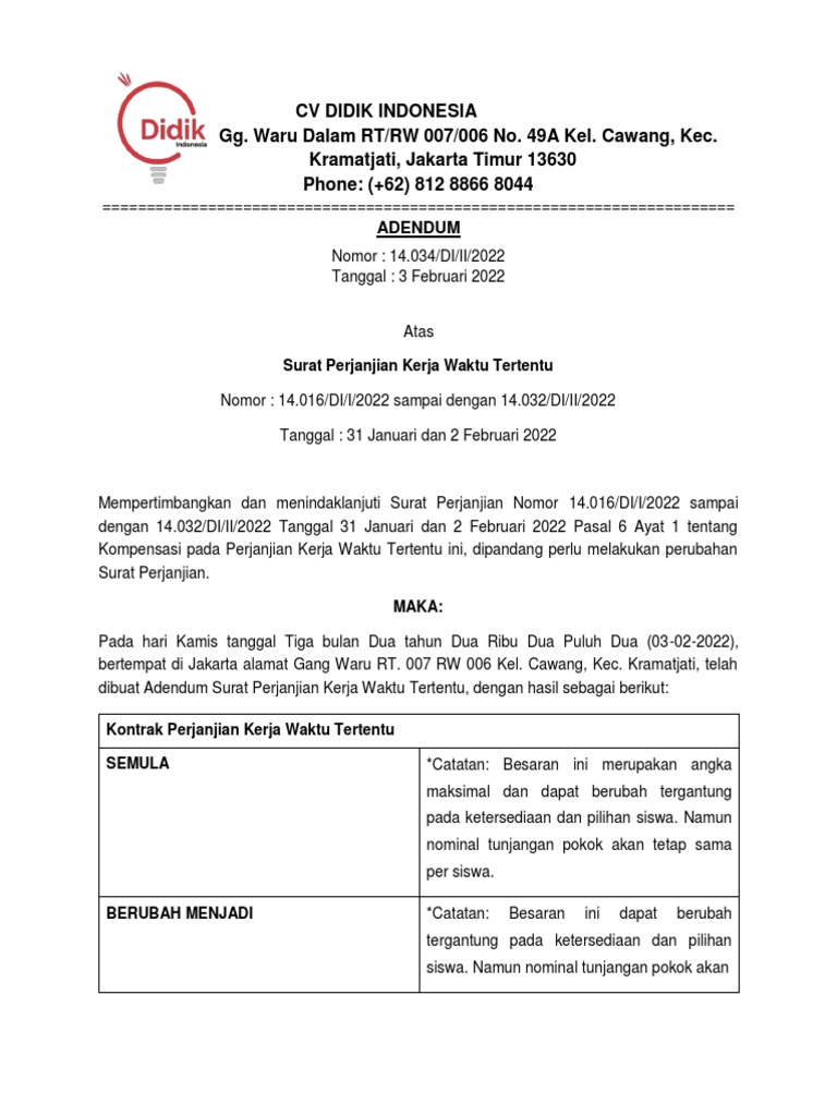 Adendum PKWT Pendidik Ista Kumala | PDF