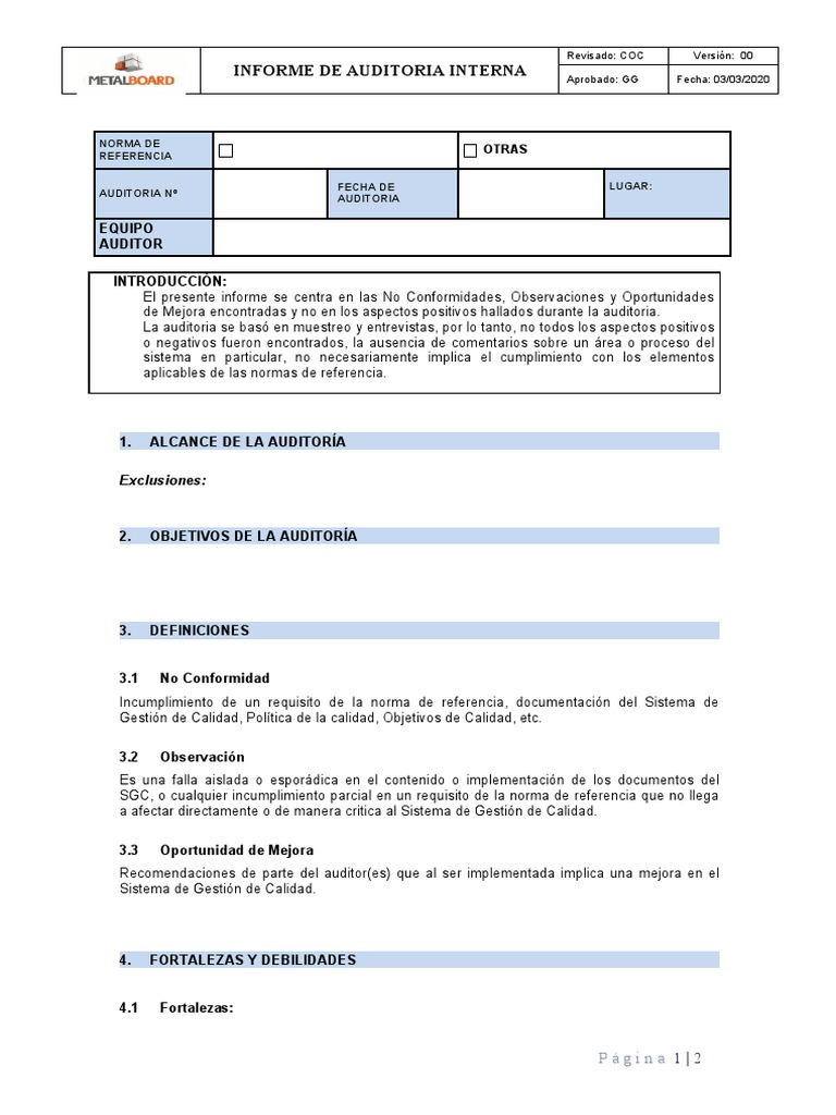 Informe de Auditoria Interna | PDF | Auditoría | Sistema de manejo de calidad