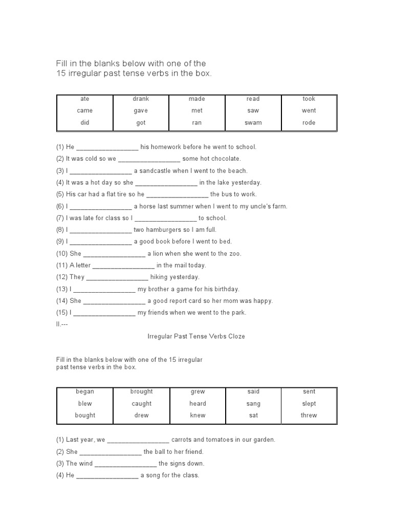 Fill in The Blanks Below With One of The 15 Irregular Past Tense Verbs ...