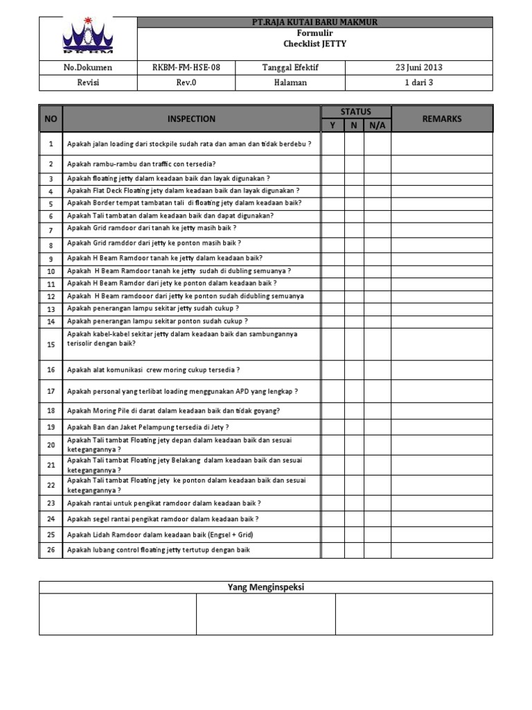 Formulir Checklist Jetty N | PDF