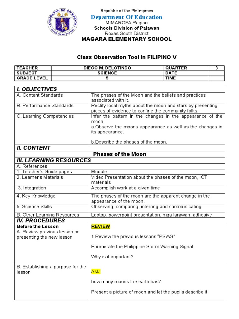 Cot Filipino Pangngalan Pdf Educational Technology Moon