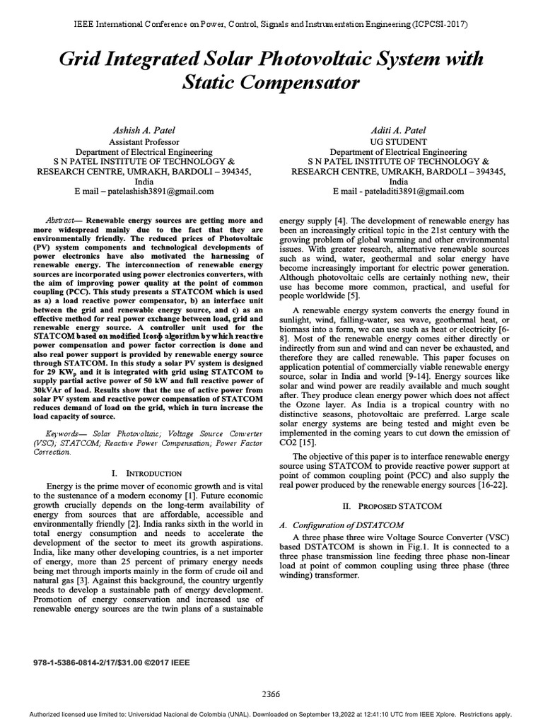 Grid Integrated Solar Photovoltaic System With Static Compensator | PDF ...