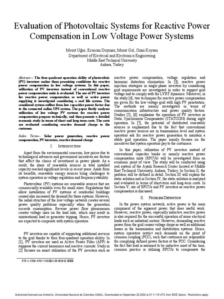 Evaluation of Photovoltaic Systems For Reactive Power Compensation in Low Voltage Power Systems ...
