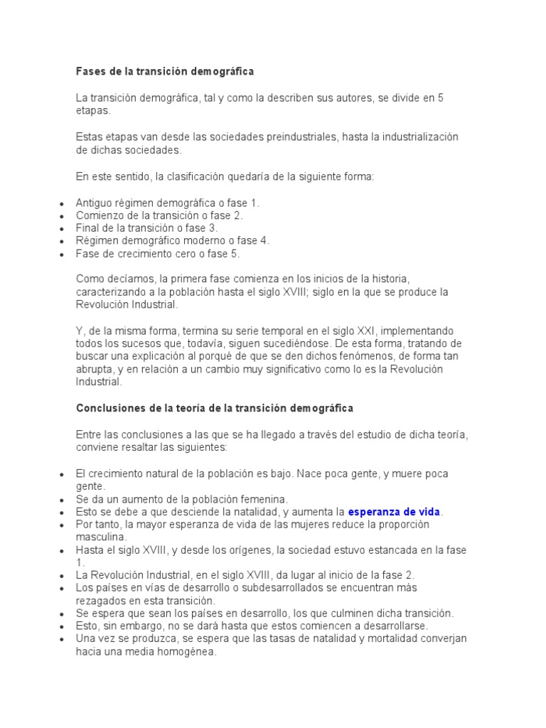 Fases de La Transición Demográfica | PDF | Demografía | Crecimiento de ...