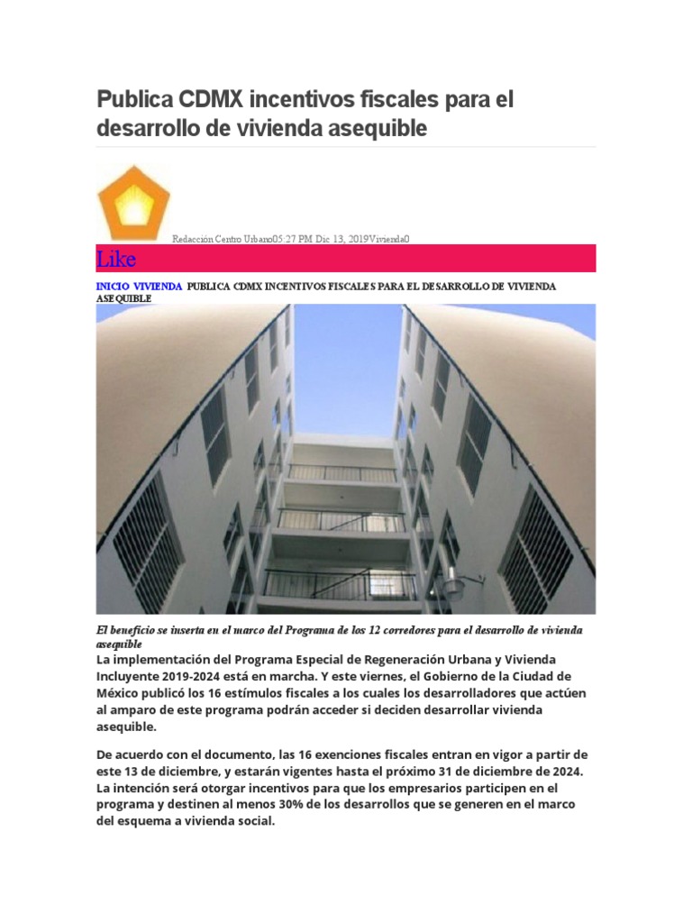 Publica CDMX Incentivos Fiscales para El Desarrollo de Vivienda Asequible | PDF | Ciudad de ...