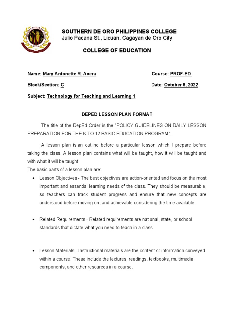 An Analysis of the Key Components of the DepEd Lesson Plan Format | PDF