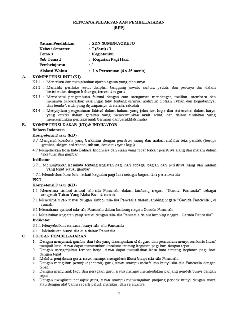 RPP SD Kelas 1 Tema 3 | PDF