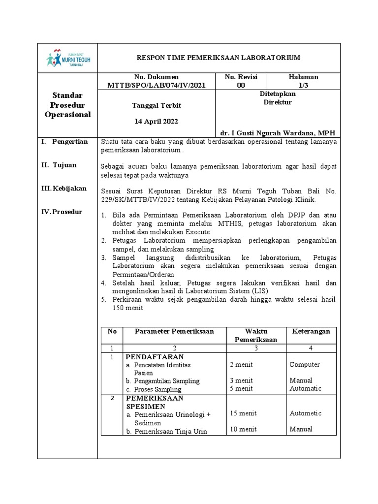 Spo Respon Time Pemeriksaan Laboratorium | PDF